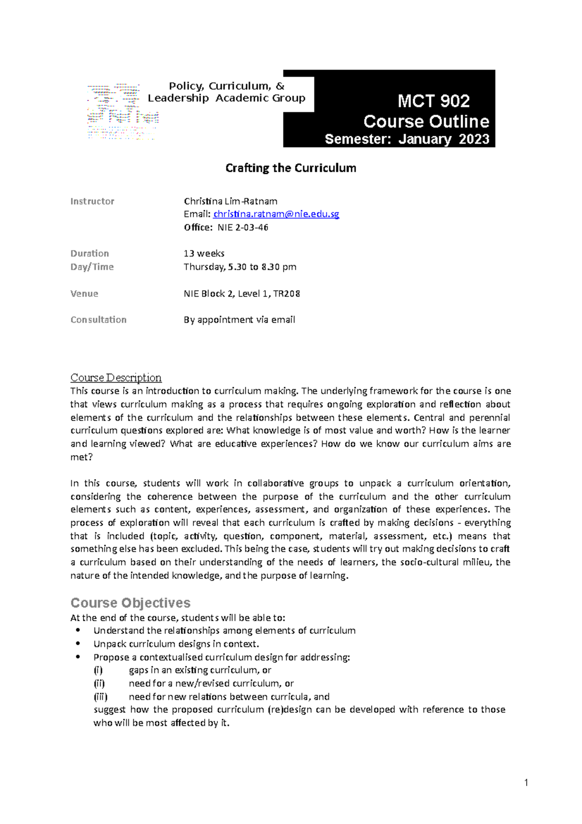 MCT 902 Outline Jan 2023 - MCT 902 Course Outline Semester: January ...