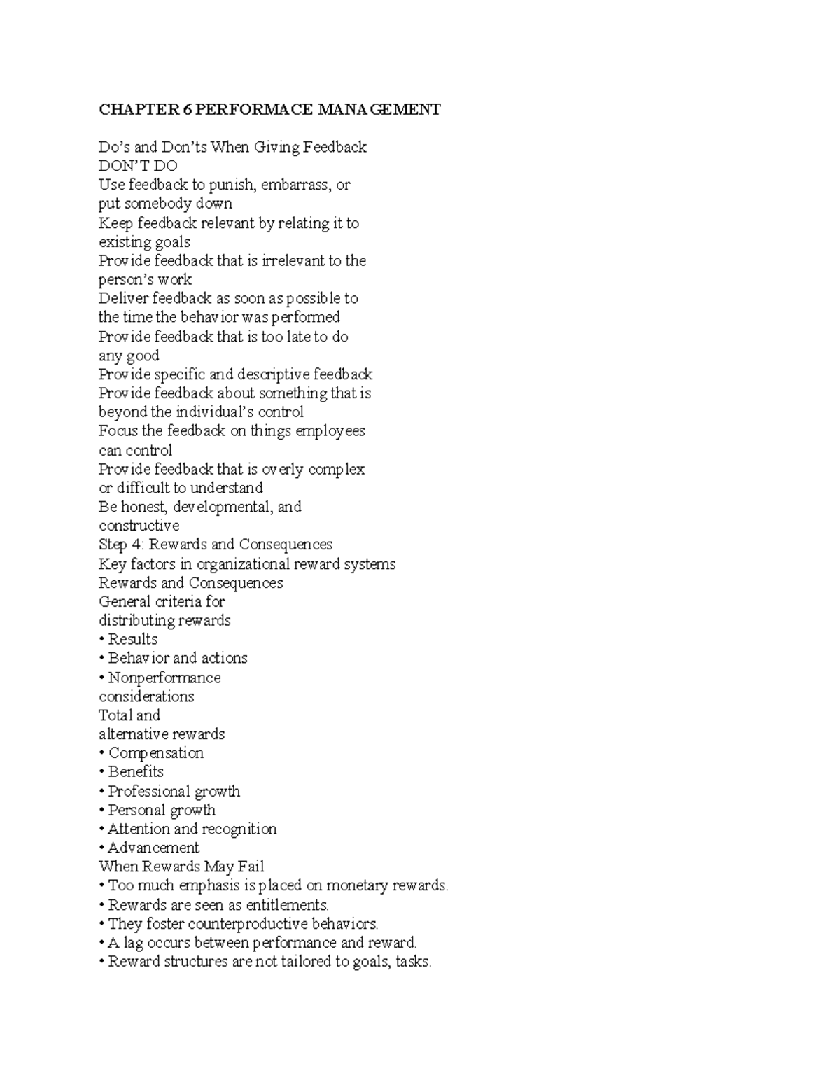 MGMT 449 Chapter 6-10 Notes - CHAPTER 6 PERFORMACE MANAGEMENT Do’s and ...