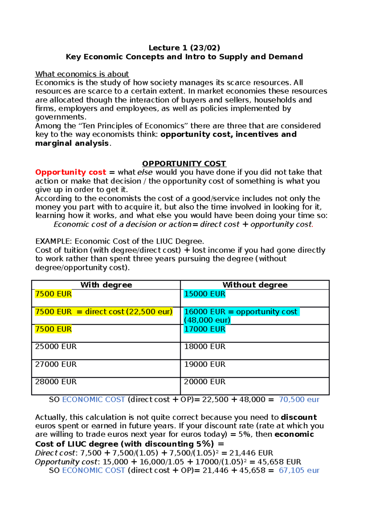 Lecture 1, key economics concept and intro to Supply and Demand ...