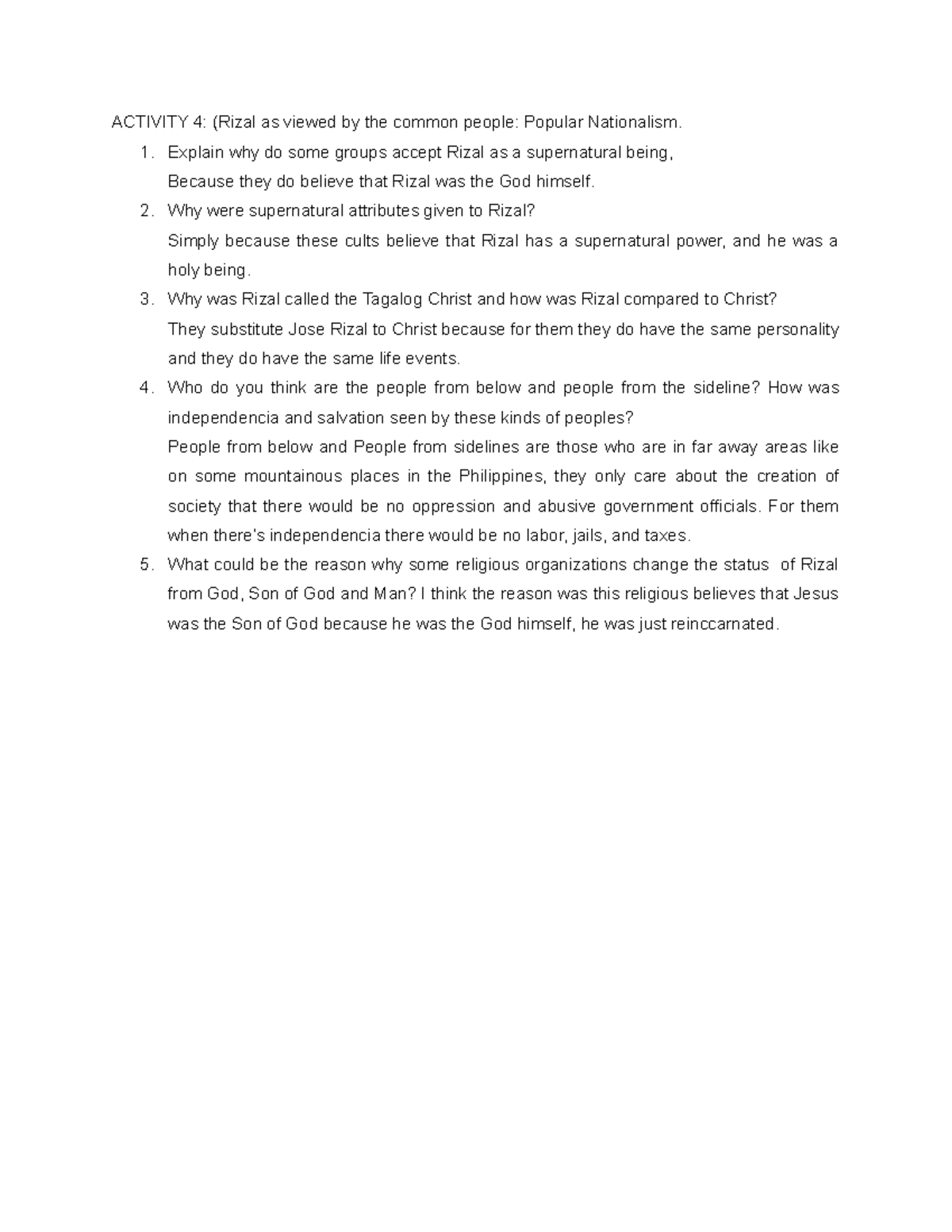 S4 - Lecture Notes 4 - ACTIVITY 4: (Rizal as viewed by the common ...