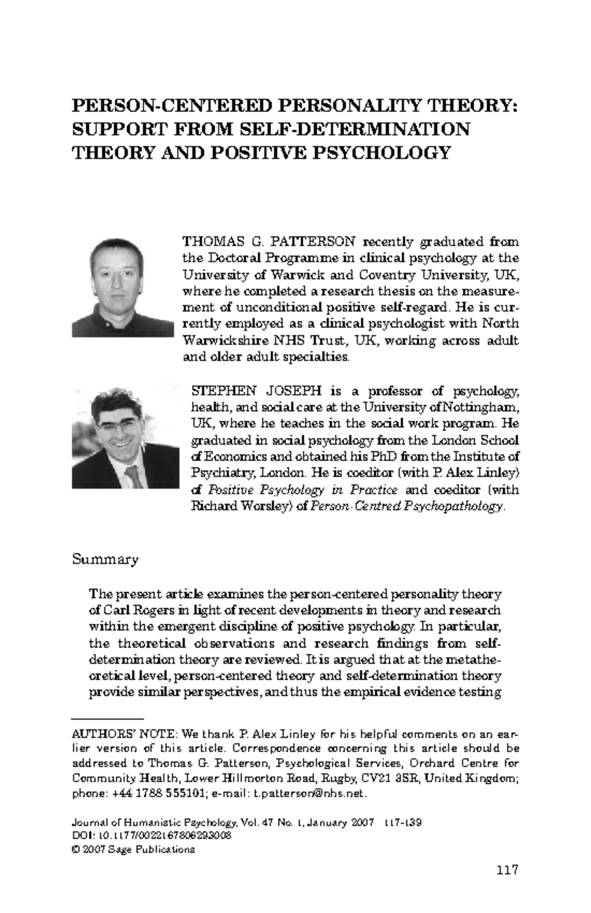 Person centered theory - 117 PERSON-CENTERED PERSONALITY THEORY ...