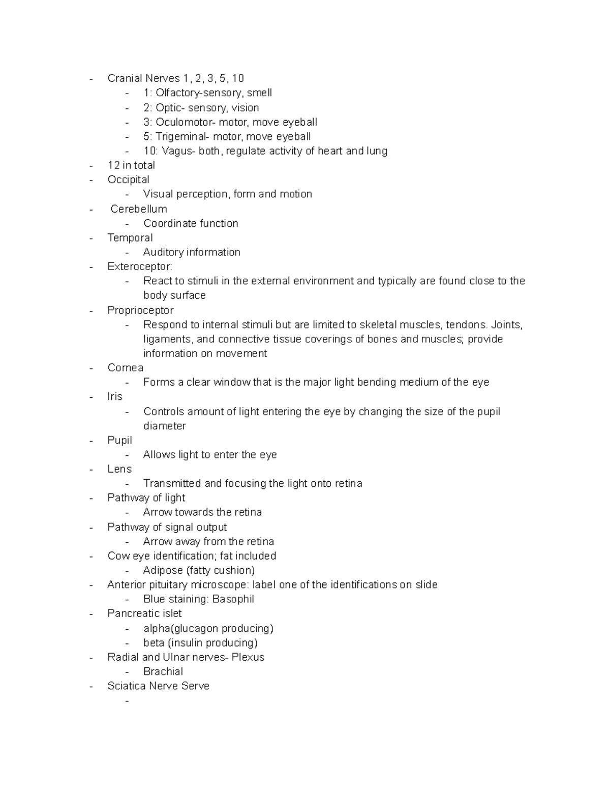 A+P Practical 1 - Cranial Nerves 1, 2, 3, 5, 10 1: Olfactory-sensory ...