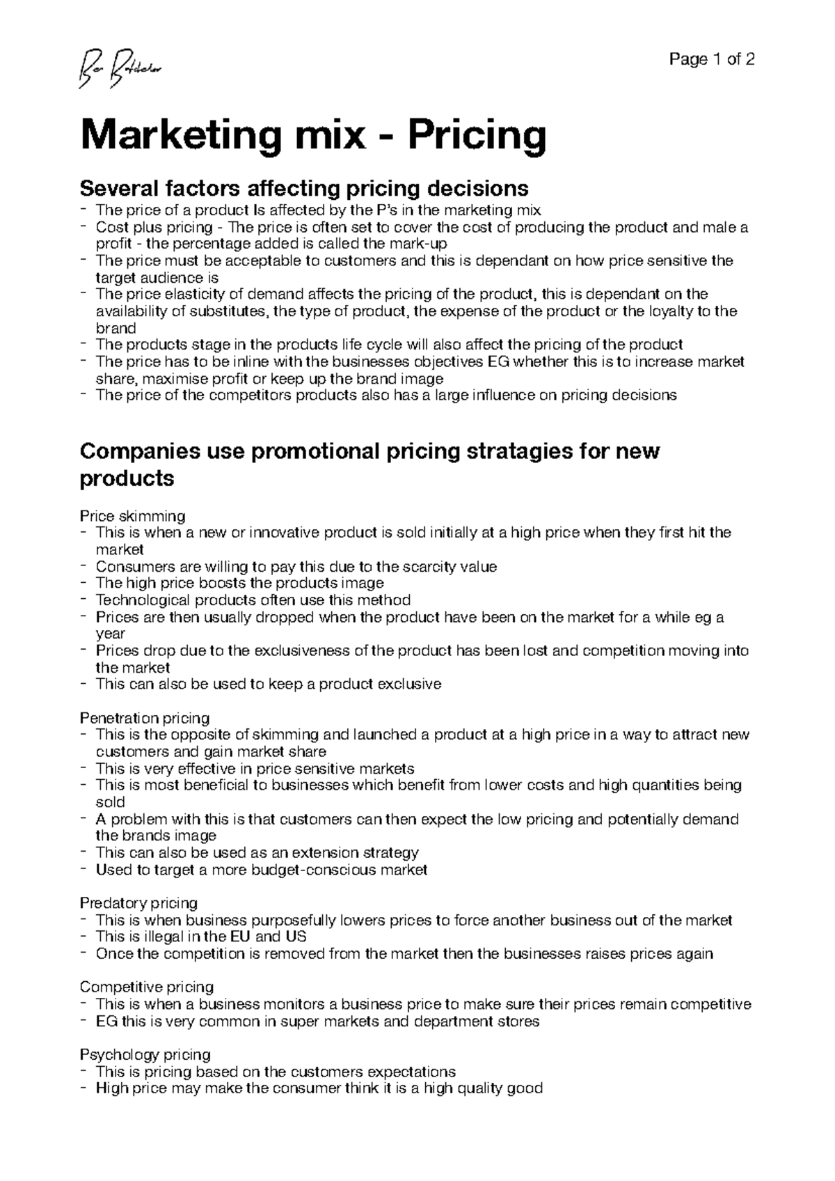 L15 Marketing mix - Pricing - Page 1 of 2 Marketing mix - Pricing ...