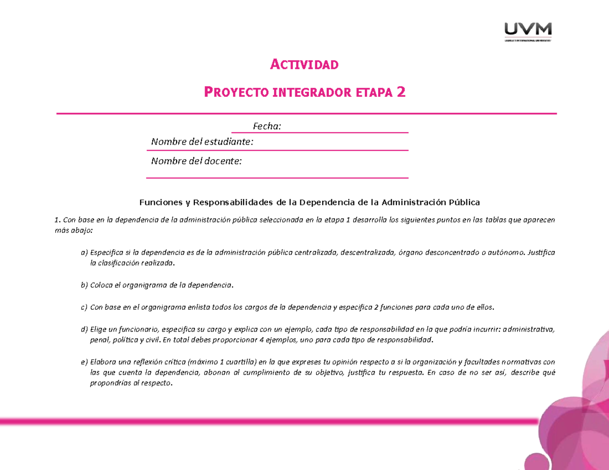 A6 Proyecto integrador etap 2 - ACTIVIDAD PROYECTO INTEGRADOR ETAPA 2 Fecha: Nombre del docente ...