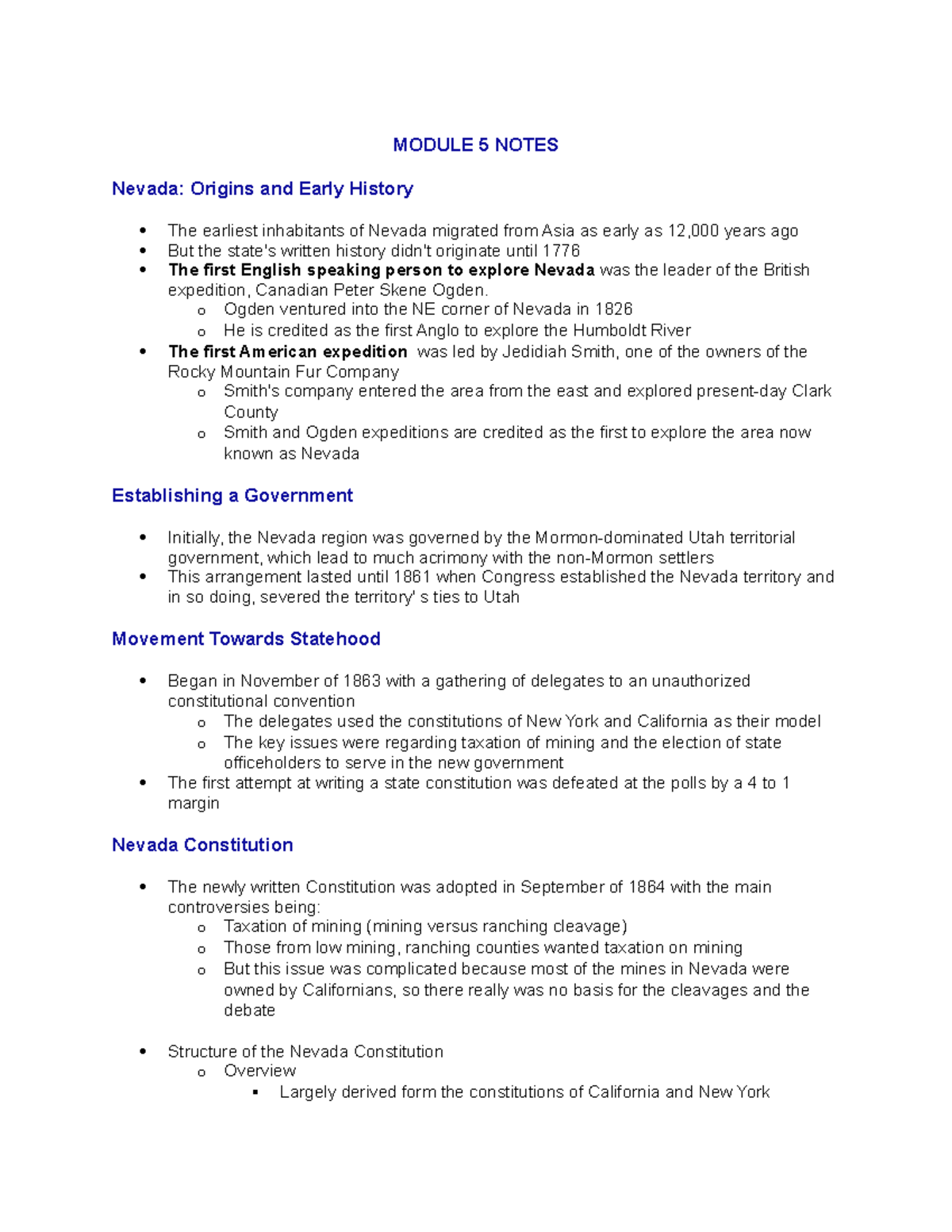 Module 5 - Lecture notes 5 - MODULE 5 NOTES Nevada: Origins and Early ...