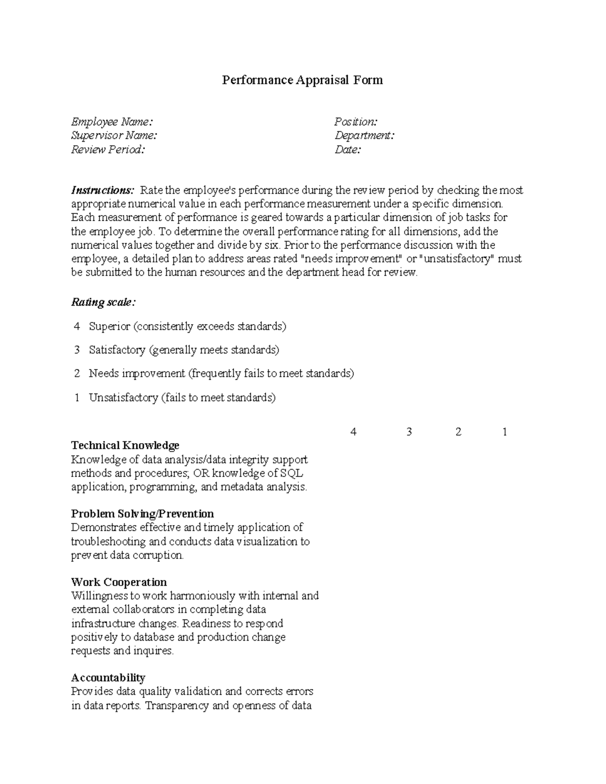 Performance Appraisal Form Template - Performance Appraisal Form ...