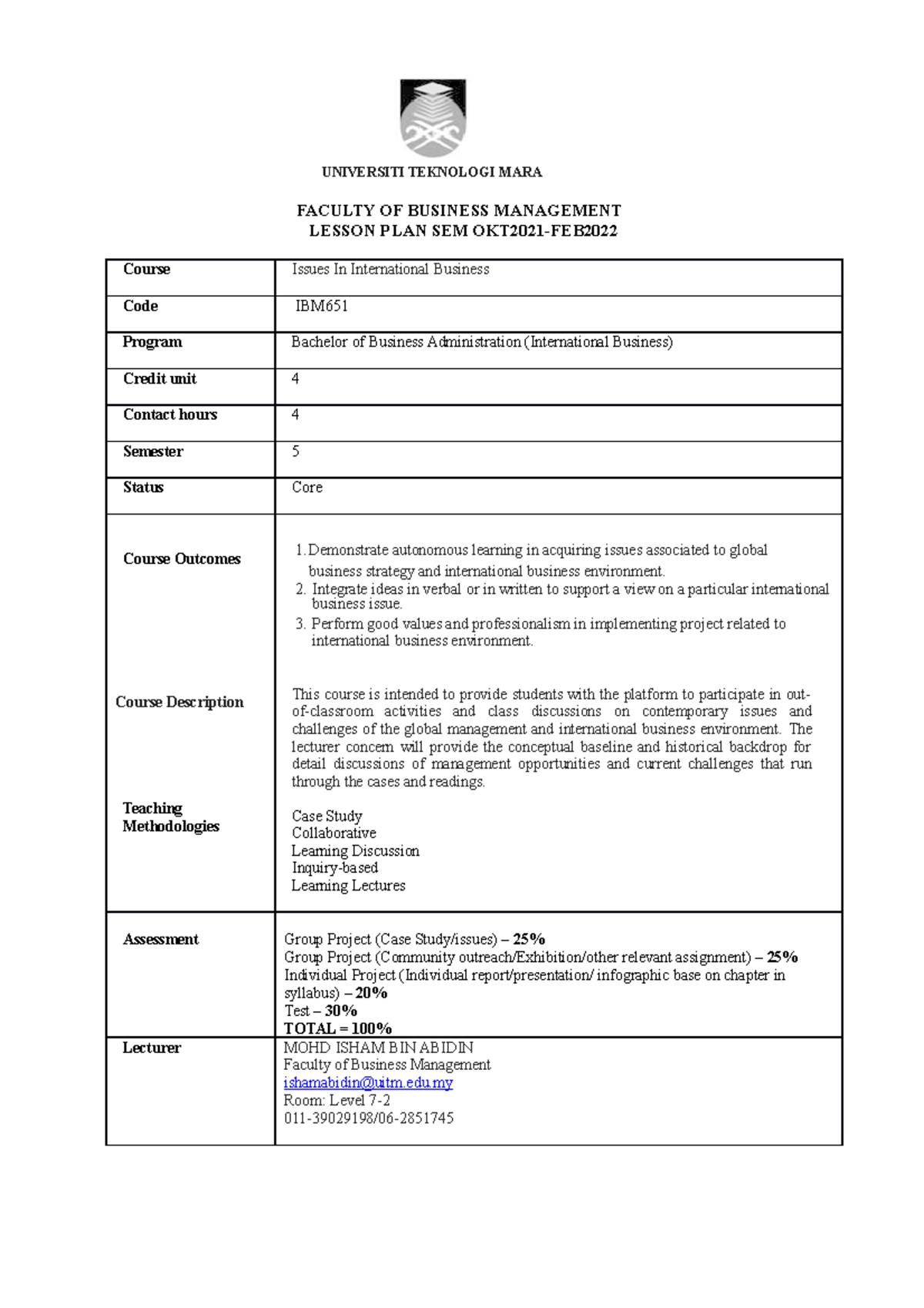 Lesson PLAN Issues IN International Business 2021 - UNIVERSITI ...