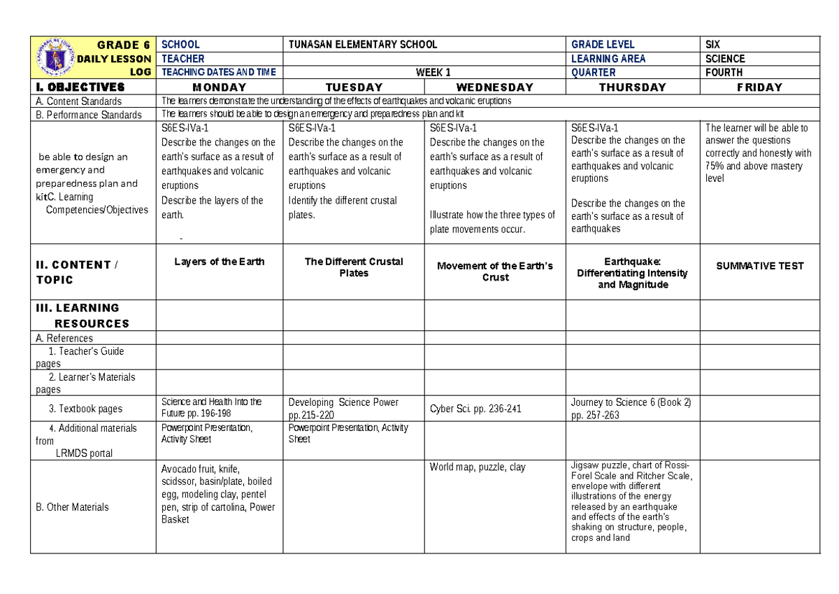 Science Fourth Quarter W1 to W4 - GRADE 6 SCHOOL TUNASAN ELEMENTARY ...