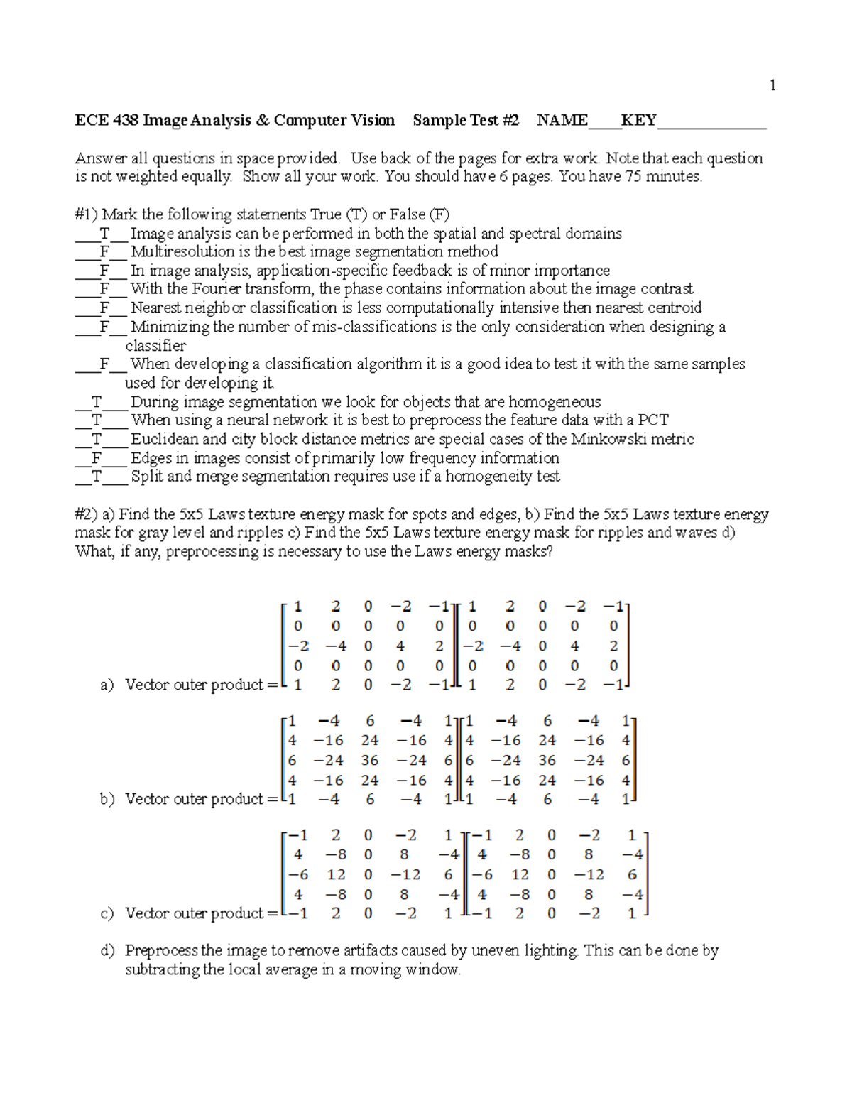 438Test2Sample KEY - ECE 438 Image Analysis & Computer Vision Sample ...