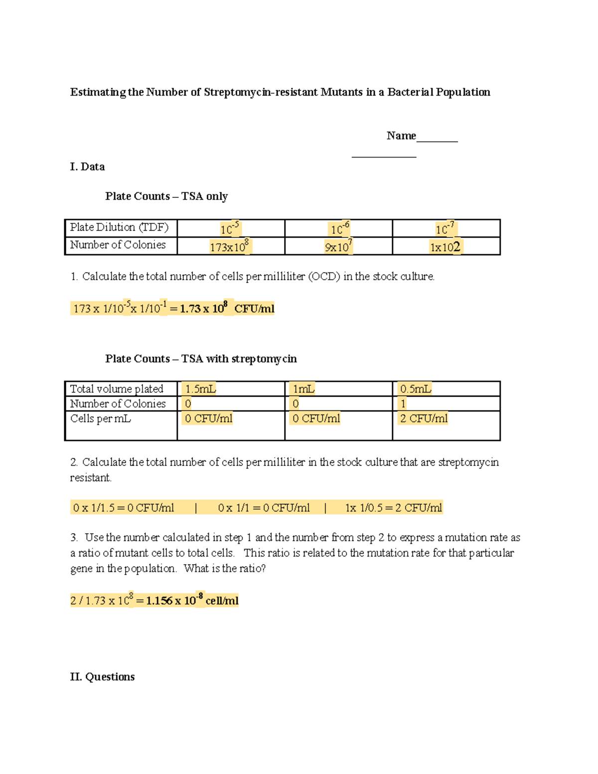 Selection Assignment - Estimating the Number of Streptomycin-resistant Mutants in a Bacterial ...