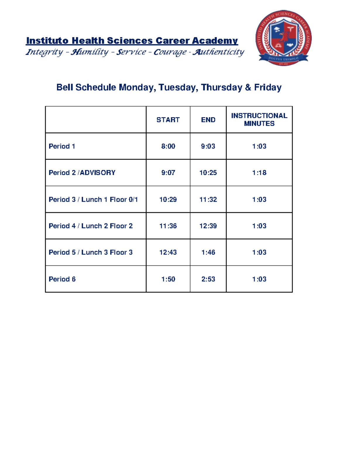 Ihsca Bell Schedule SY'23-24 - Instituto Health Sciences Career Academy ...