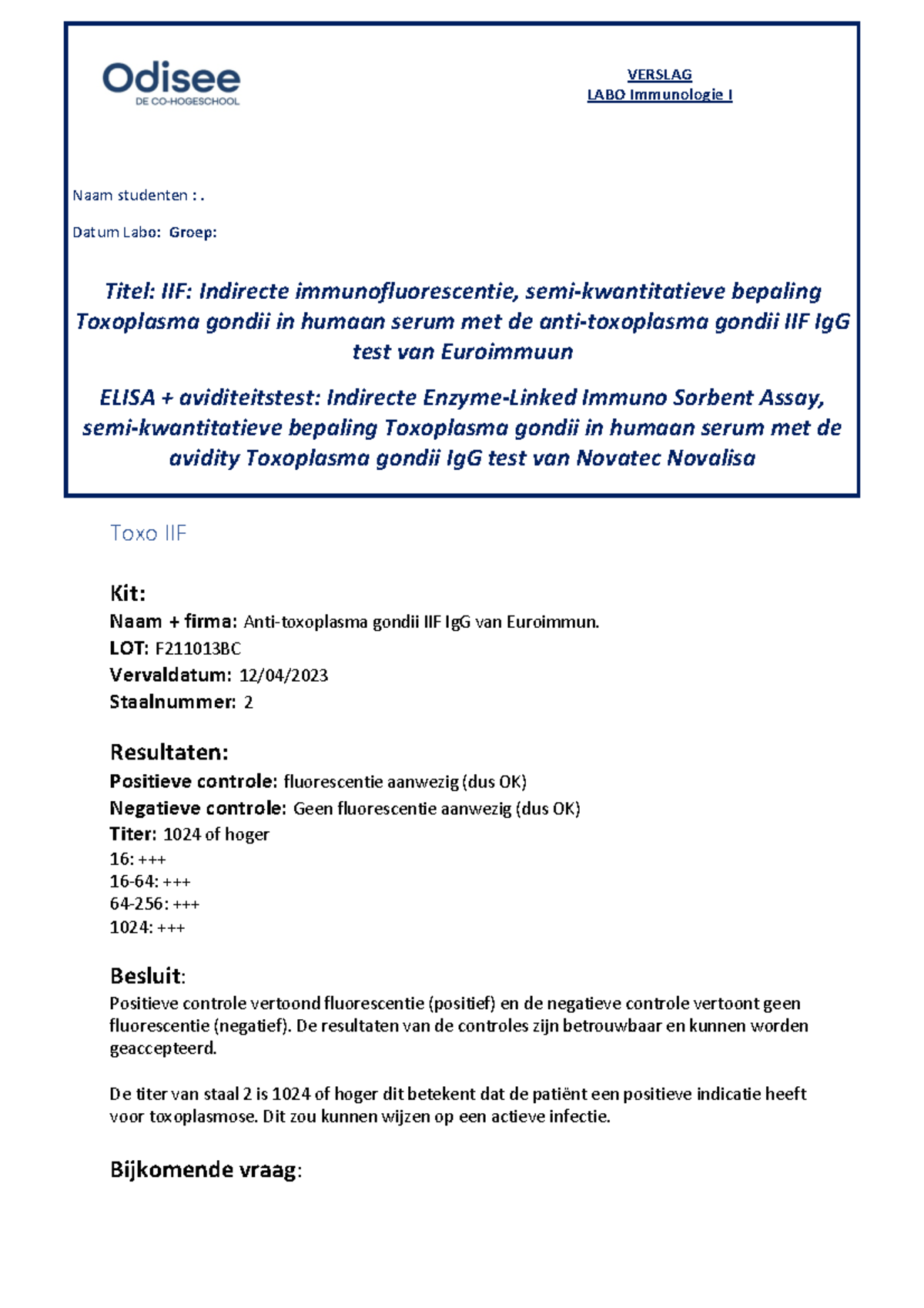 IFF+ Elisa - Toxo IIF Kit: Naam + firma: Anti-toxoplasma gondii IIF IgG ...