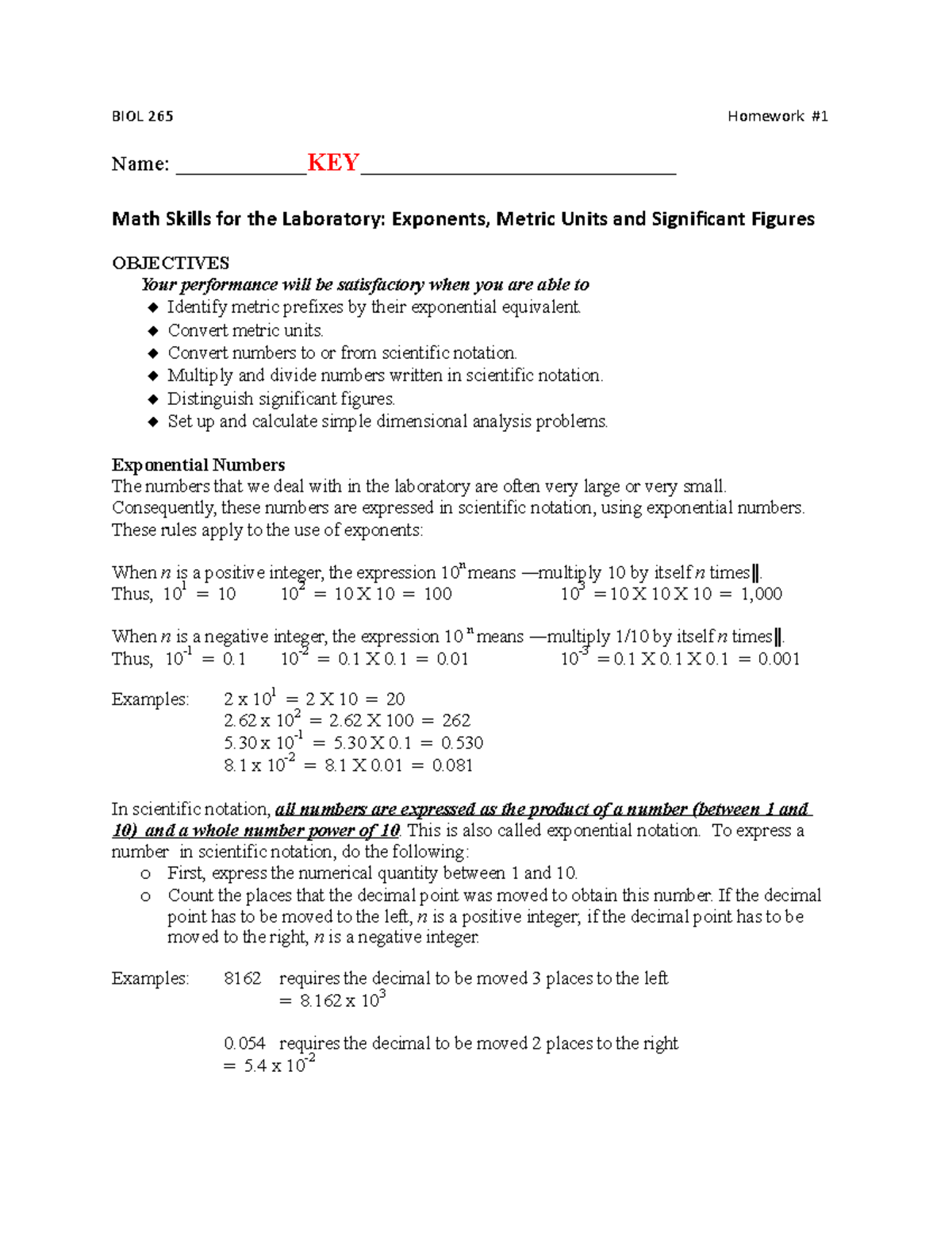 Homework 1 KEY - Math Skills - Exponents, Metric Units and Significant ...
