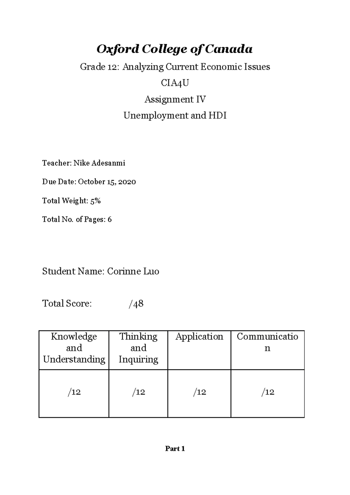 CIA4U-assignment 4 - Oxford College of Canada Grade 12: Analyzing ...