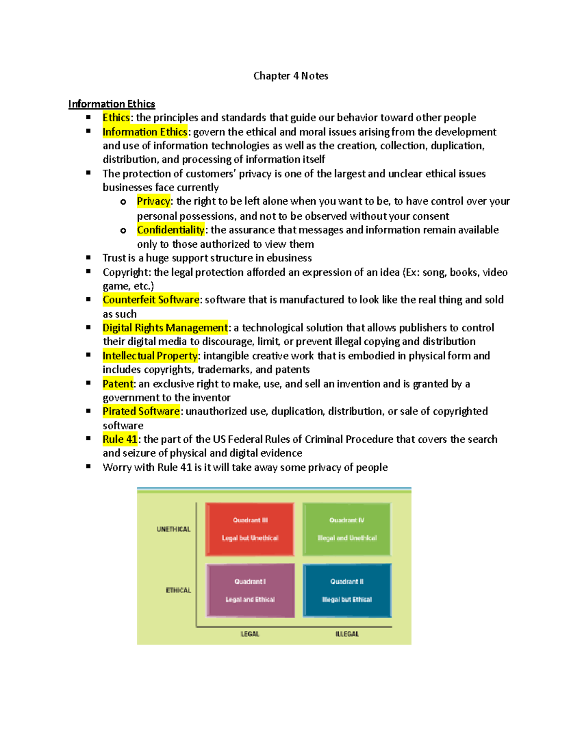 Chapter 4 Notes - Chapter 4 Notes Information Ethics Ethics: the ...