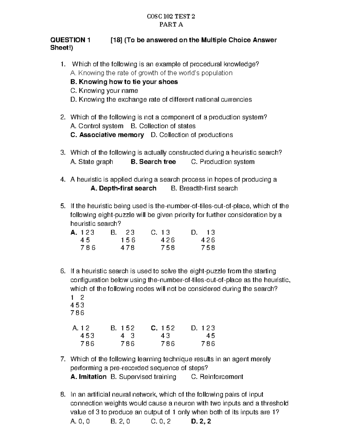 COSC 102 TEST2 2011 c Section A memo - COSC 102 TEST 2 PART A QUESTION ...