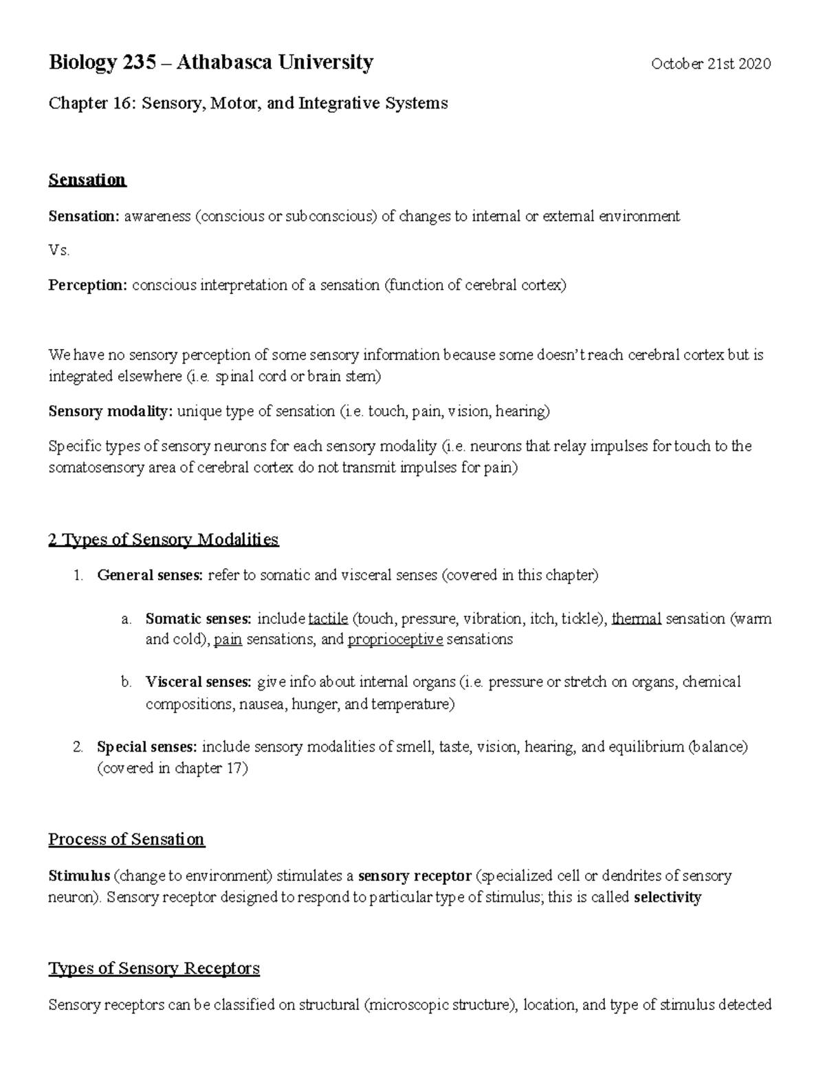 Notes Chapter 16 Sensory Motor and Integrative Systems - Biology 235 ...