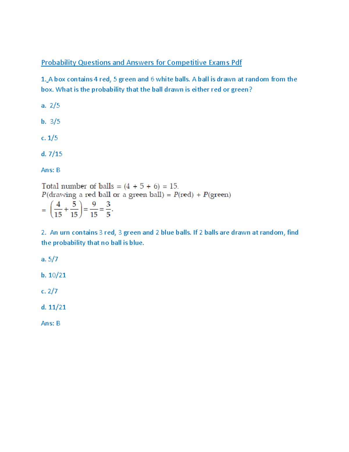 Probability questions competitive exams - Probability Questions and ...