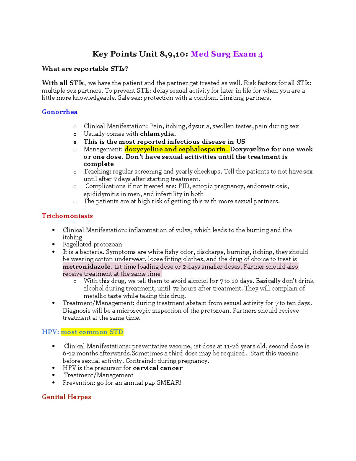 Key Points Unit 8 Med-surge - Key Points Unit 8,9,10: Med Surg Exam 4 What are reportable STIs ...
