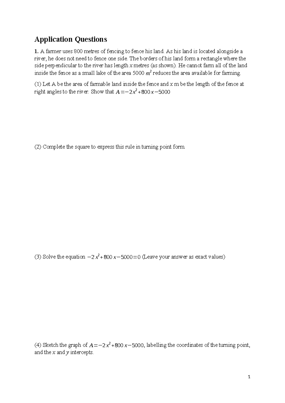 Maths Methods 1/2 Quadratics Practice Questions - Application Questions ...
