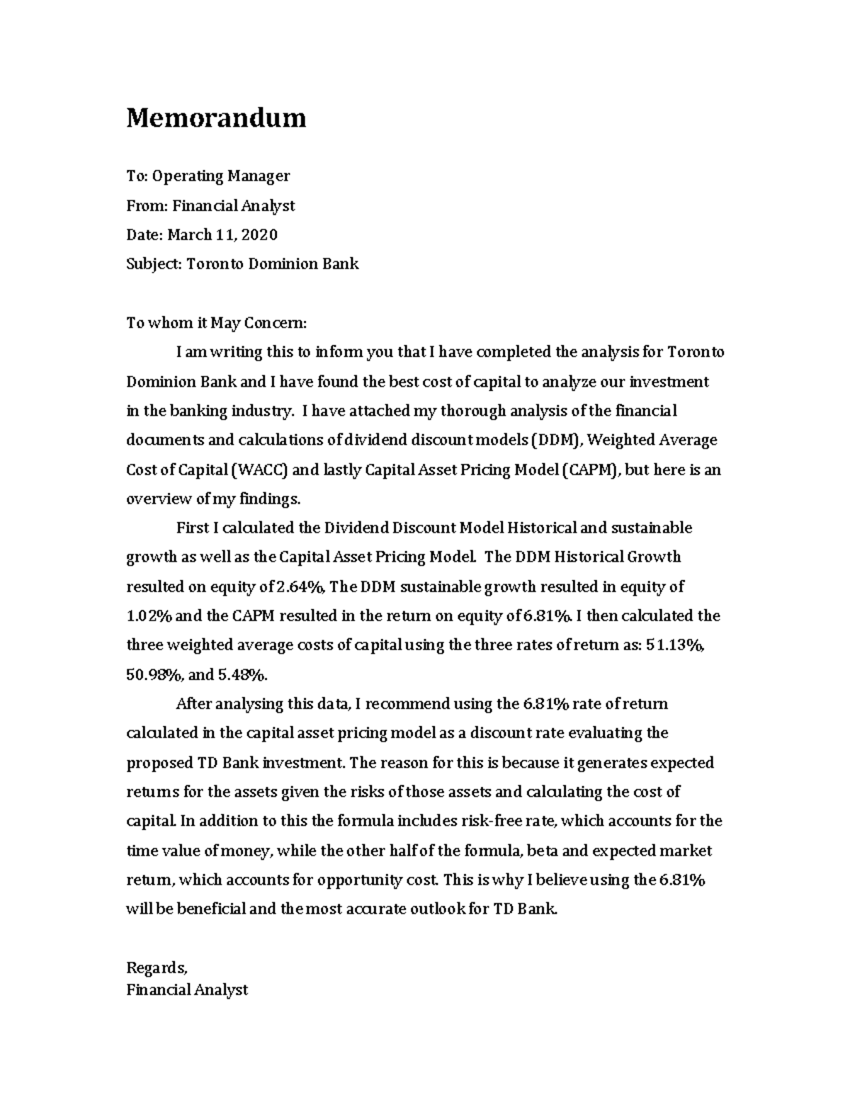 Bank Memorandum2 - Memorandum To: Operating Manager From: Financial ...