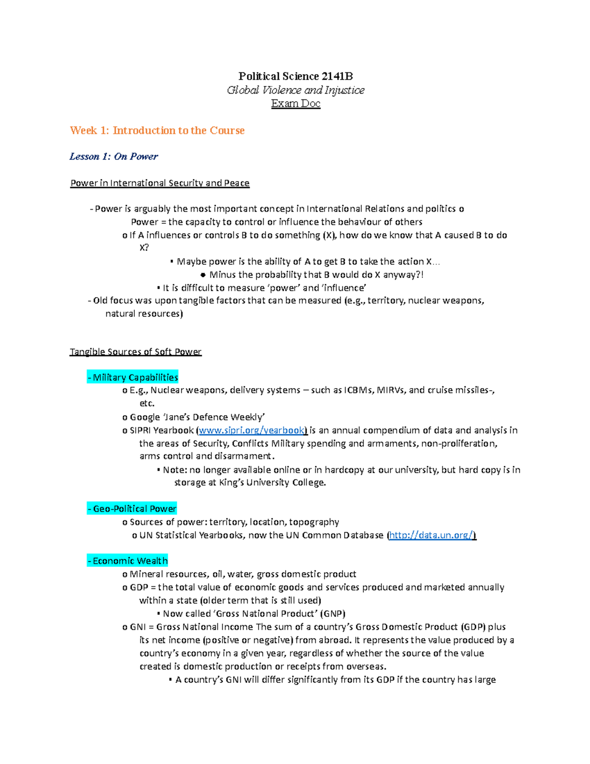 2141 midterm notes - Political Science 2141B Global Violence and ...