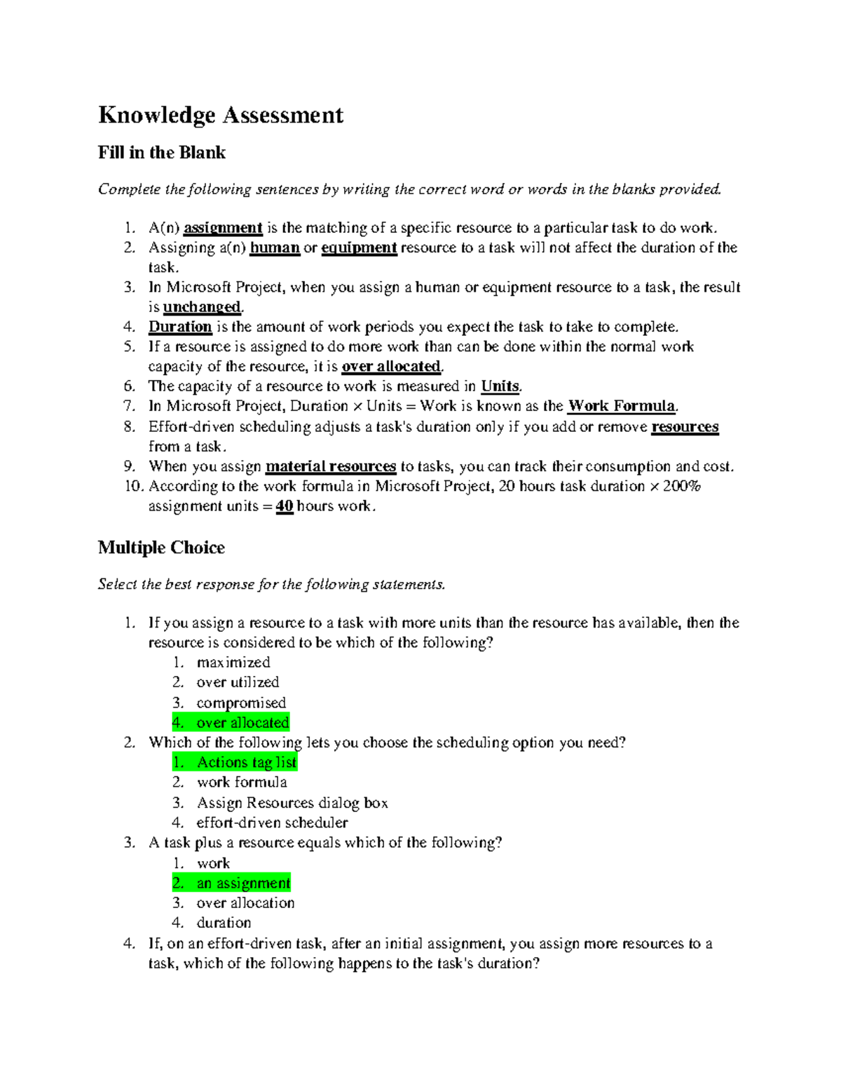 MSProject Lesson 3 Exercises - Knowledge Assessment Fill in the Blank ...