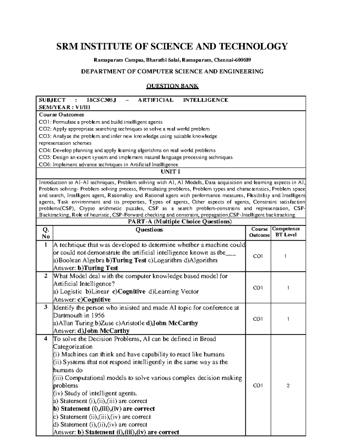 UNIT 1 QB - SRM INSTITUTE OF SCIENCE AND TECHNOLOGY Ramapuram Campus ...