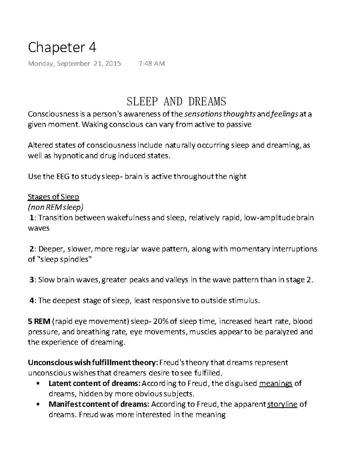 Chapter 4 Notes - Chapeter 4 Monday, September 21, 2015 7:48 AM SLEEP ...