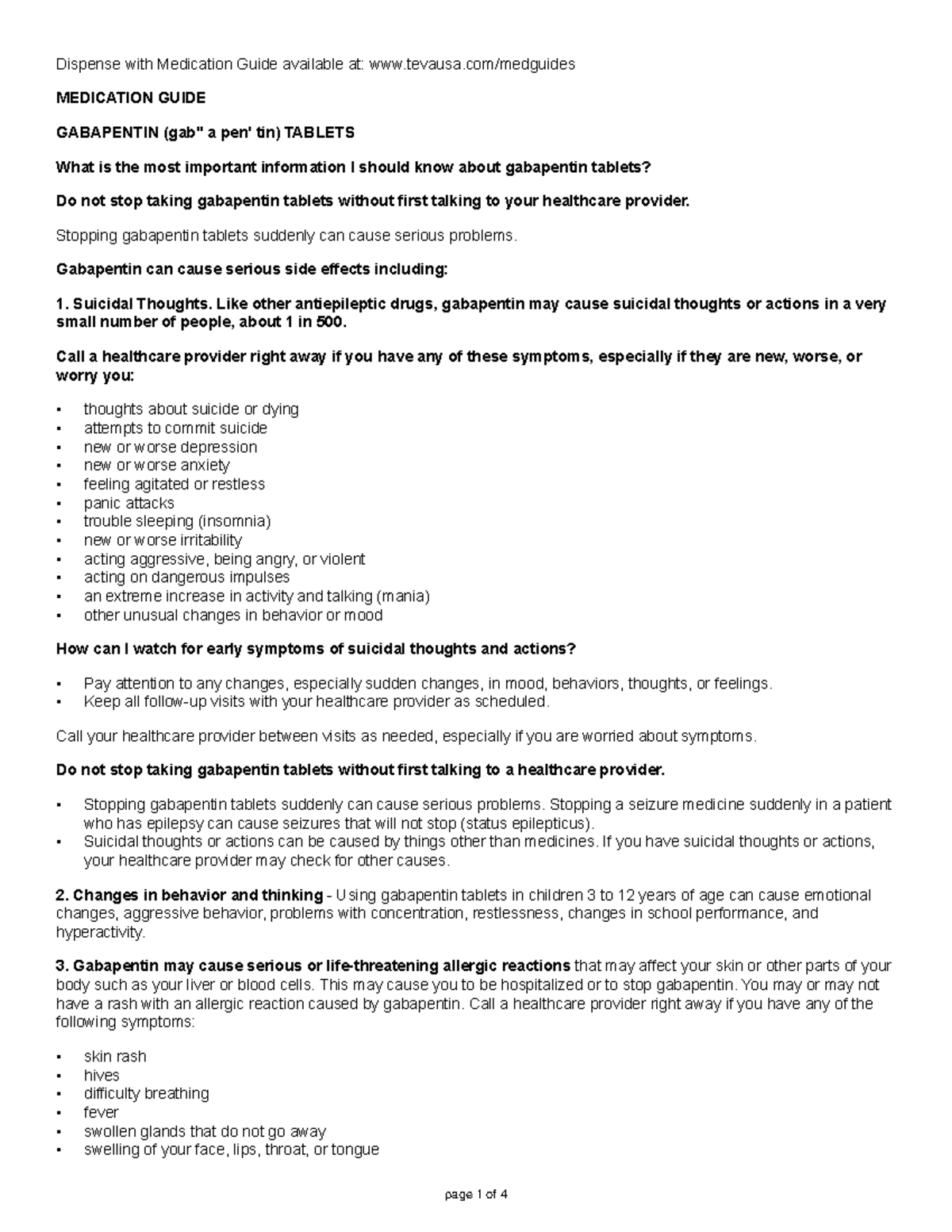 Gabepentin medguide - Nursing notes - Dispense with Medication Guide ...