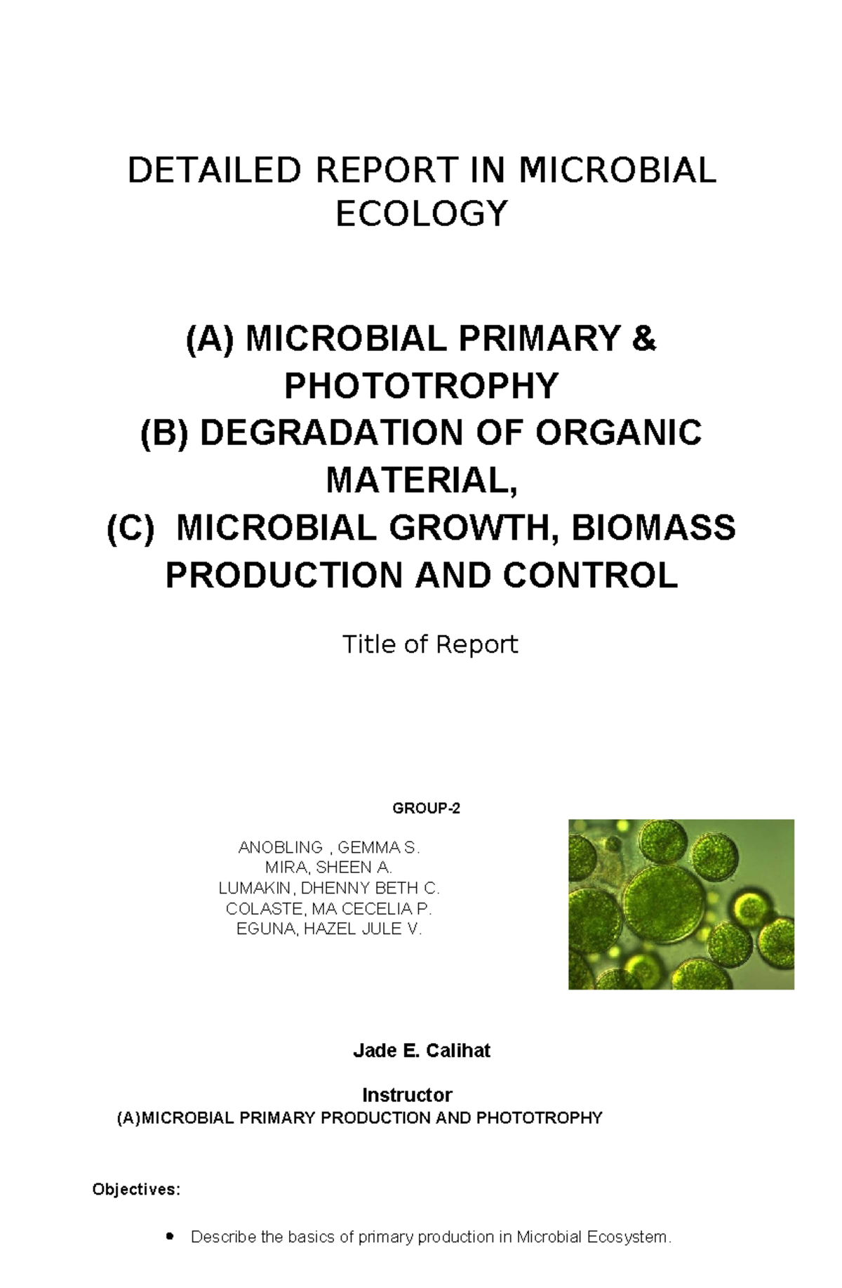 Group-2- Report - DETAILED REPORT IN MICROBIAL ECOLOGY (A) MICROBIAL ...