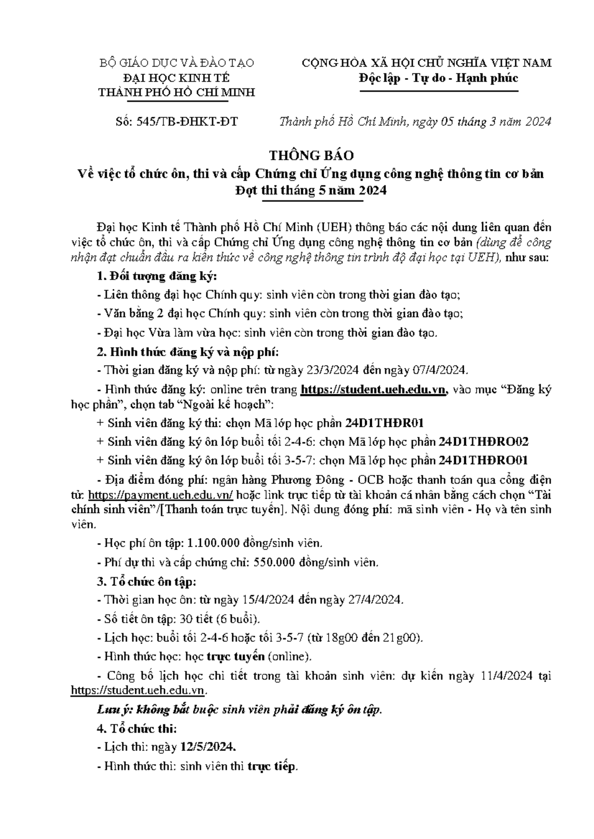 TB-545 - BỘ GIÁO DỤC VÀ ĐÀO TẠO CỘNG HÒA XÃ HỘI CHỦ NGHĨA VIỆT NAM ĐẠI HỌC KINH TẾ Độc lập - Tự ...
