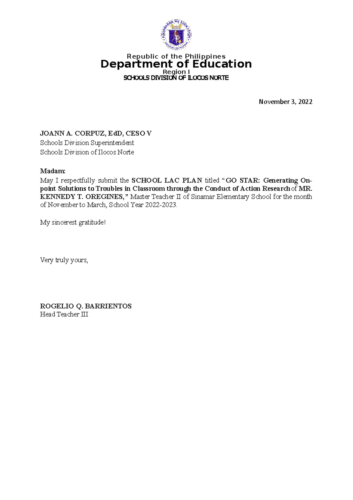 Transmittal Letter SLAC - Action Research - Republic of the Philippines ...