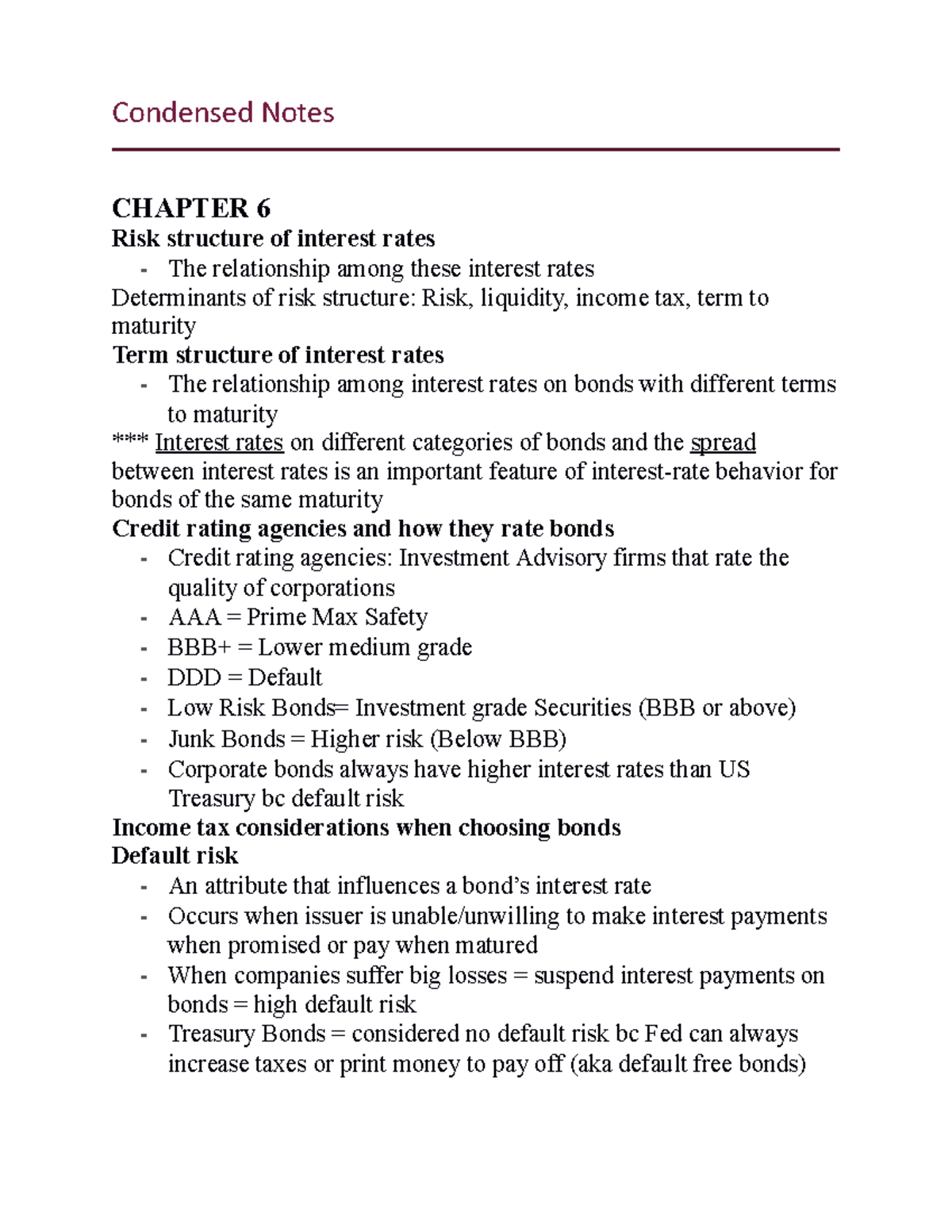 Summary for Exam 2 Chapters 6, 10, 12, and 13 - Condensed Notes CHAPTER ...