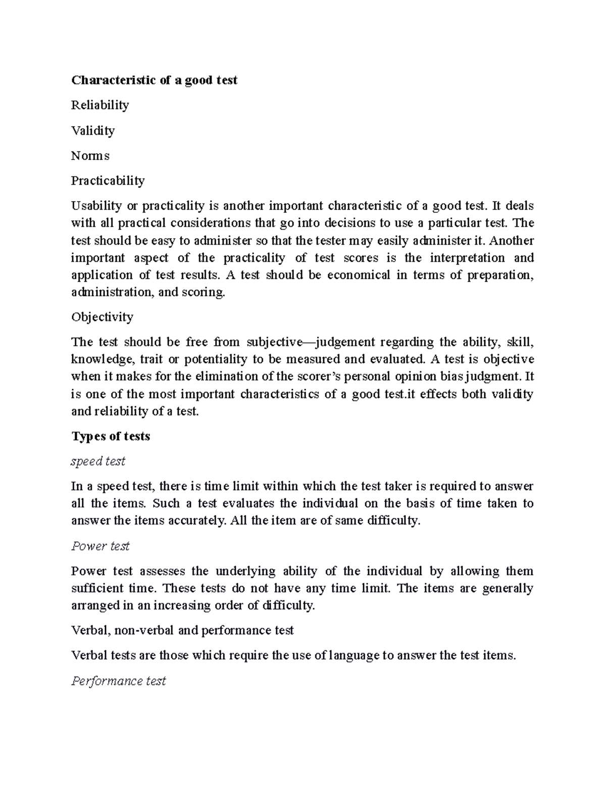 Document 12 - It's good - Characteristic of a good test Reliability ...