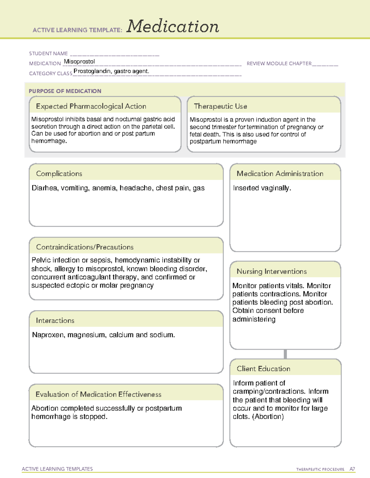 Misoprostol Med Template ACTIVE LEARNING TEMPLATES THERAPEUTIC