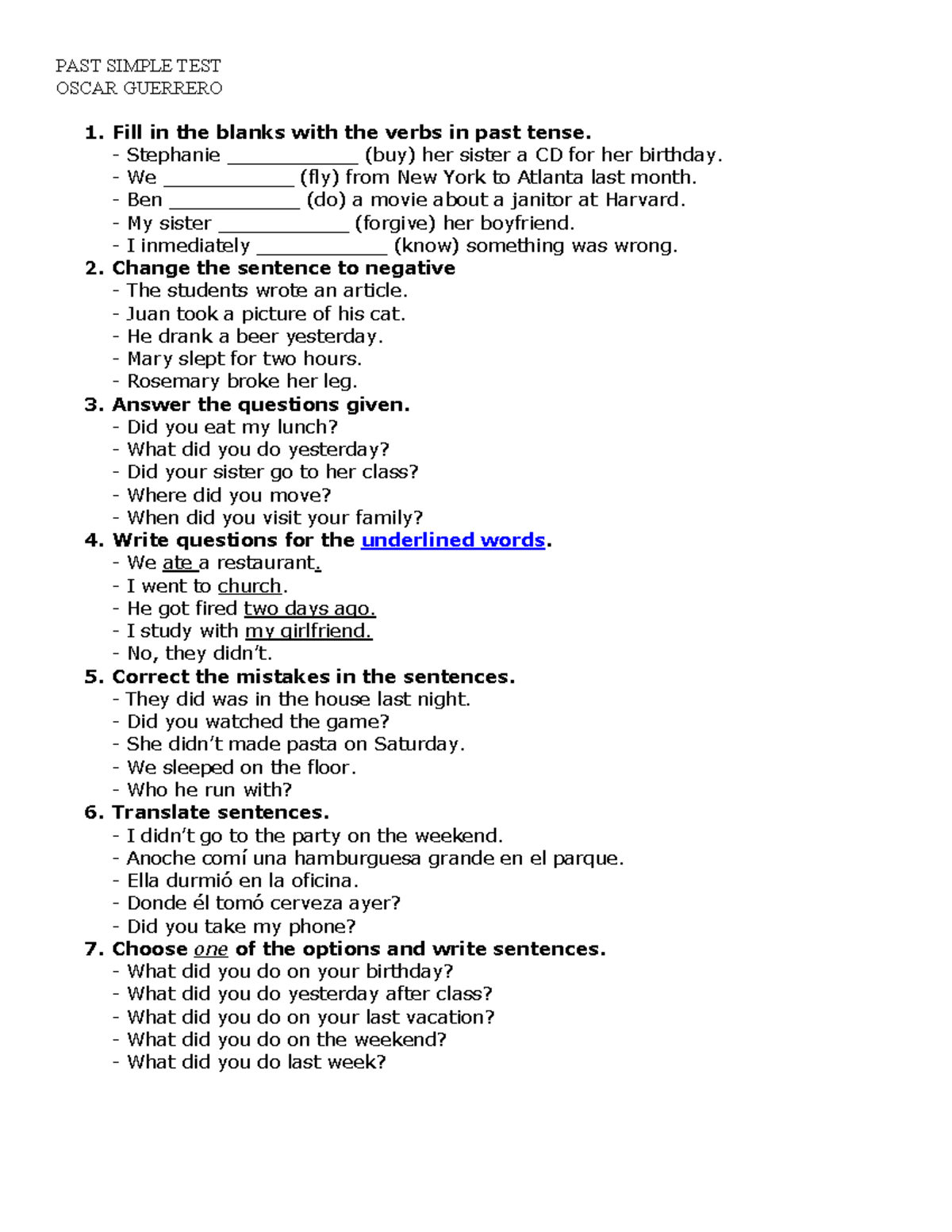 Examen past 2 - JAJAJAJAJ - PAST SIMPLE TEST OSCAR GUERRERO 1. Fill in ...