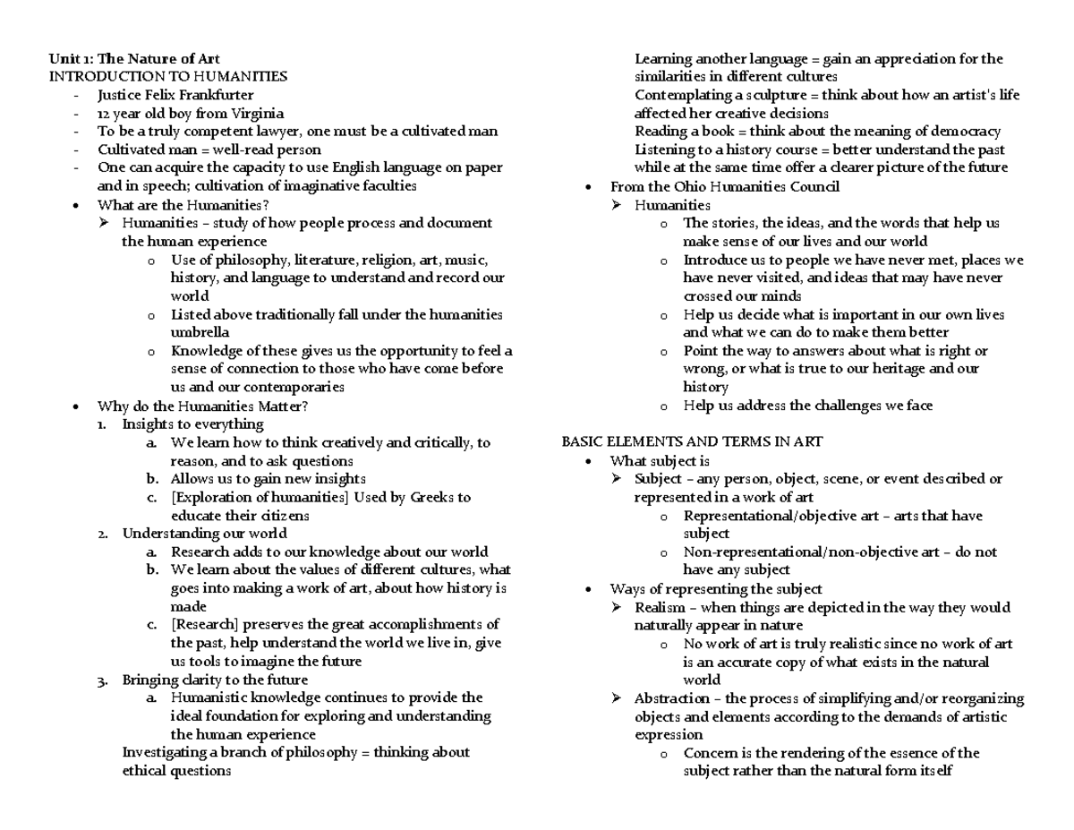 Unit 1 Nature of Art Notes - Unit 1: The Nature of Art INTRODUCTION TO ...