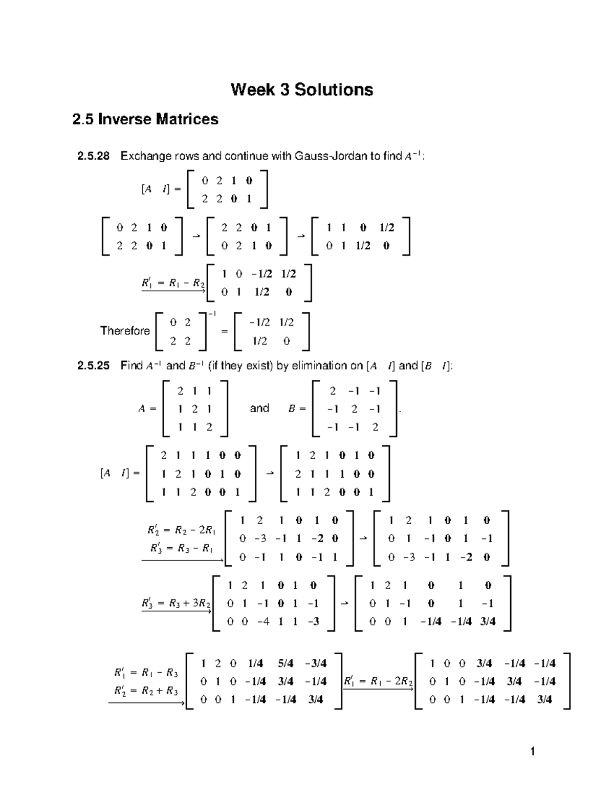 Week3Practice Problems Solutions - Week 3 Solutions 2 Inverse Matrices ...