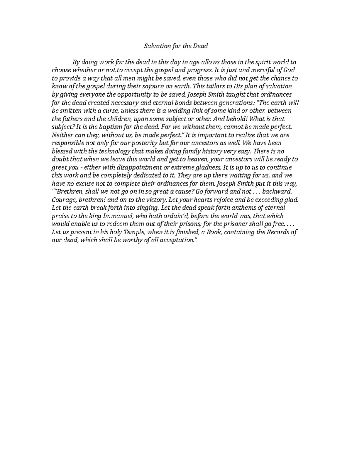 Response Paper 9 - Salvation for the Dead By doing work for the dead in ...