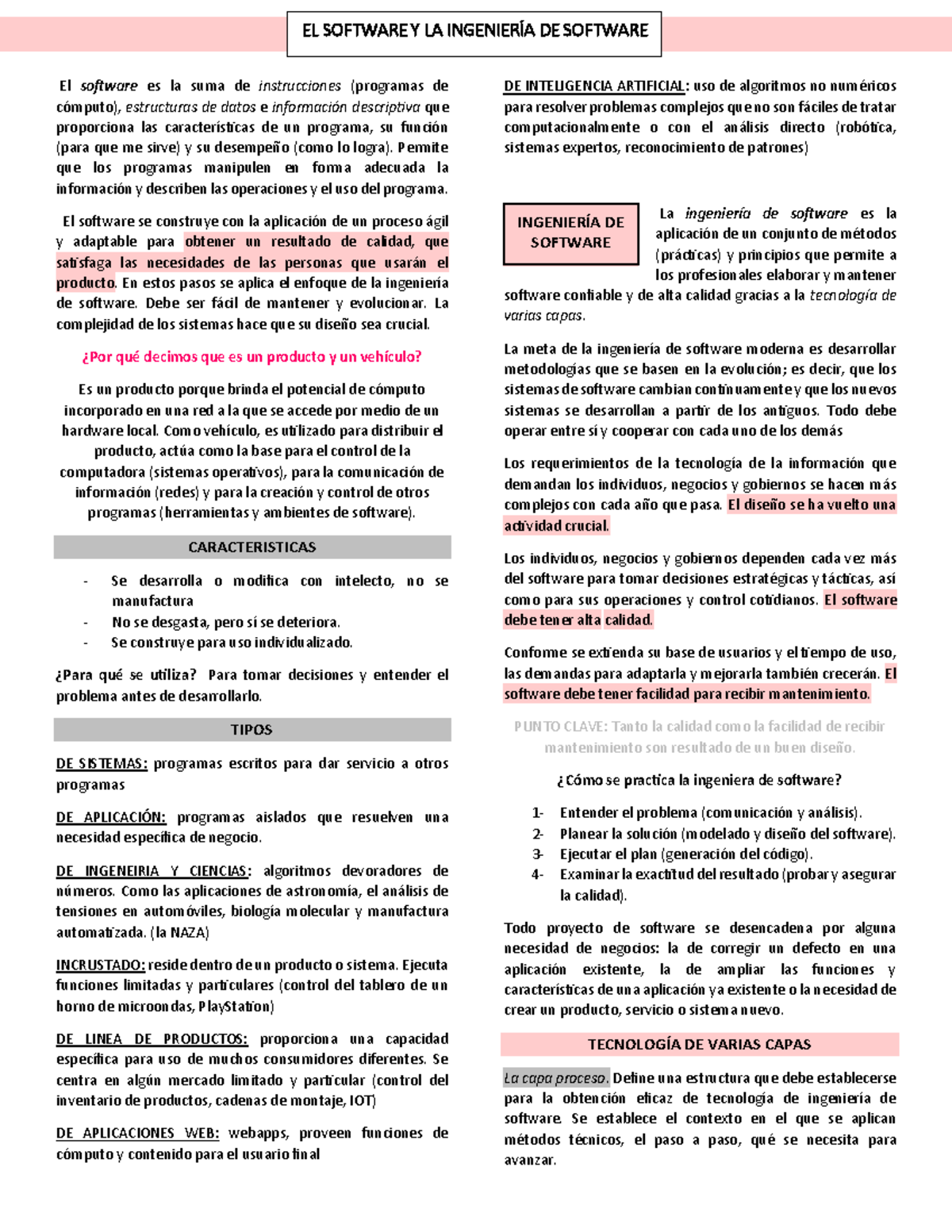 Resumen Segundo Parcial - EL SOFTWARE Y LA INGENIERÍA DE SOFTWARE El ...