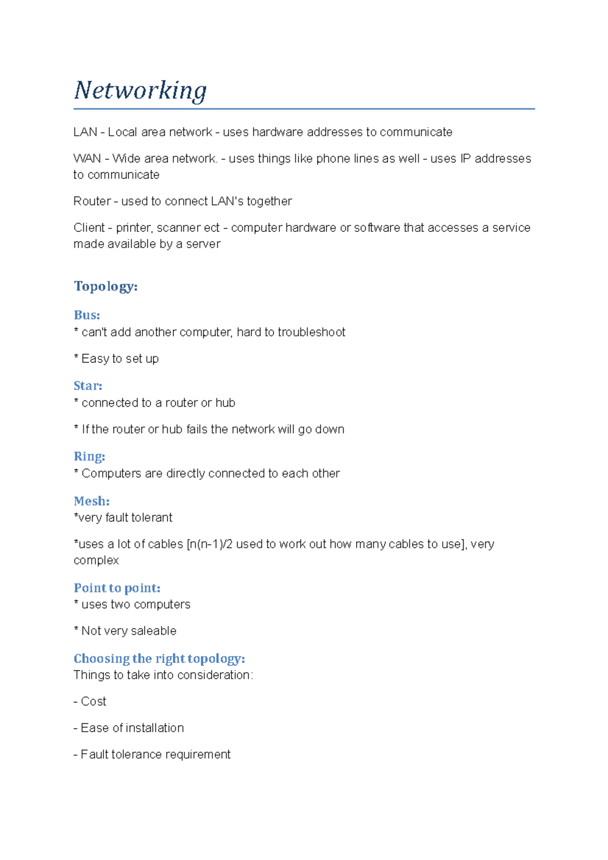 Networking - notes on network types and topologies - Networking LAN ...