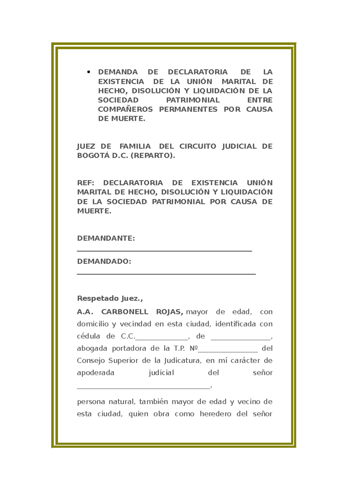 Demanda de Declaratoria De Unión Marital De Hecho - Derecho de la ...