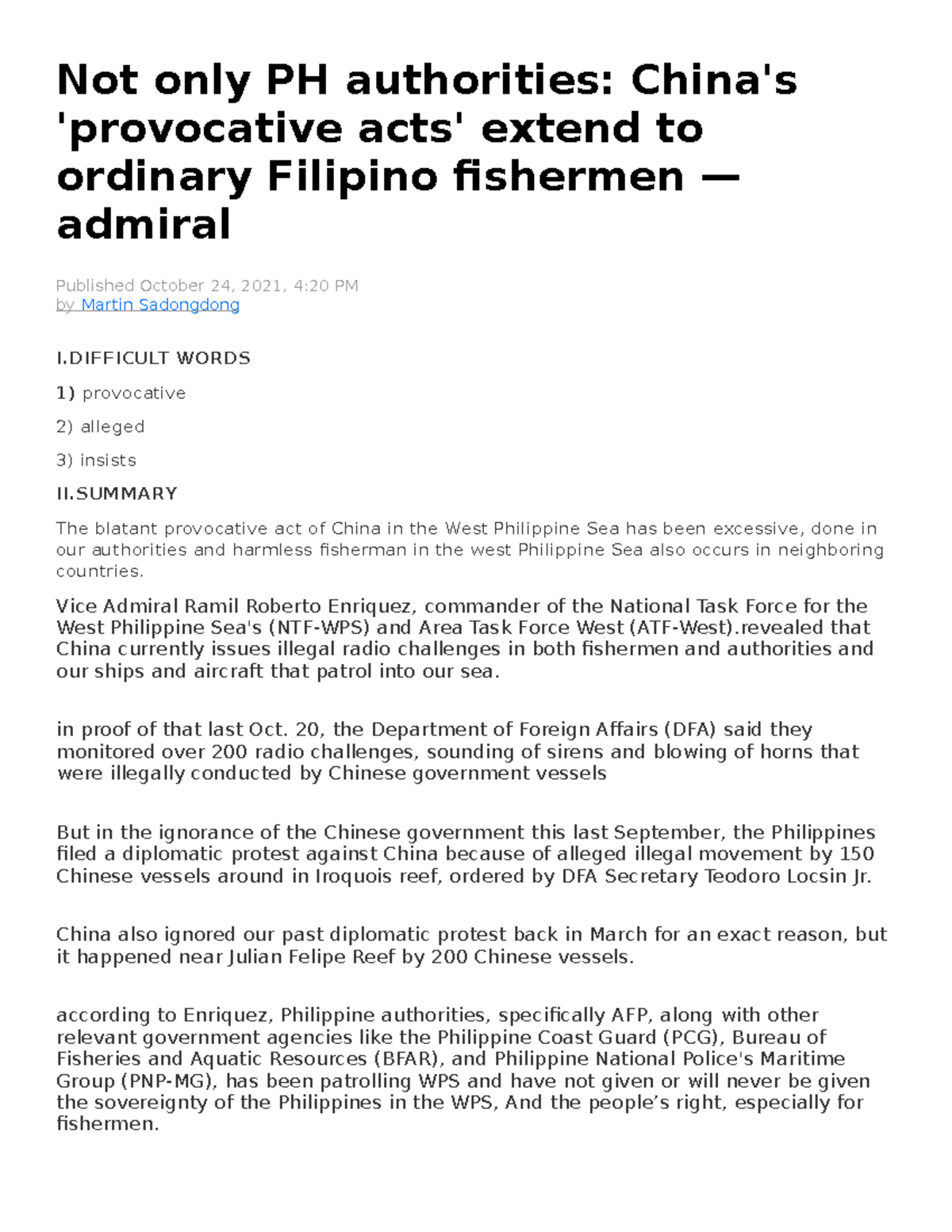 Journal 2 - NEWSPAPER SUMMARY - Not only PH authorities: China's ...