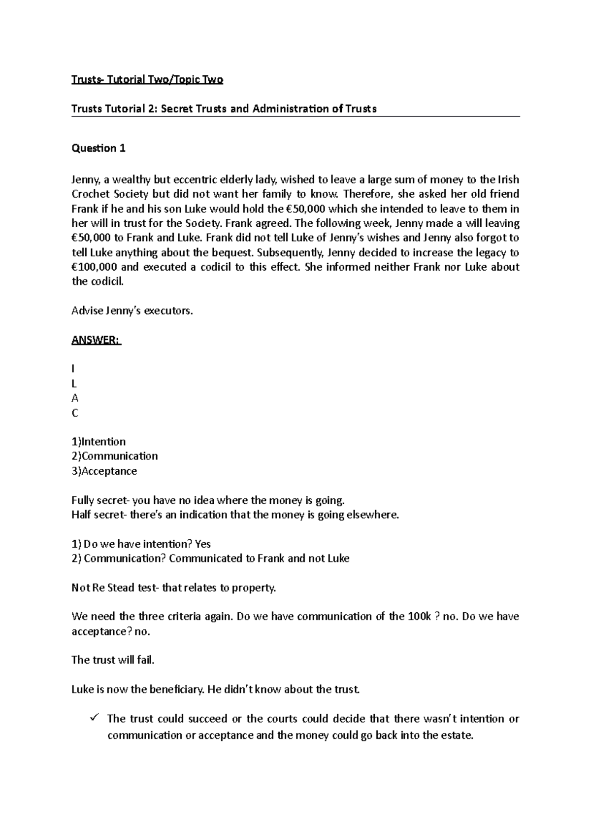 Trusts Tutorial Two- Finito - Trusts- Tutorial Two/Topic Two Trusts ...