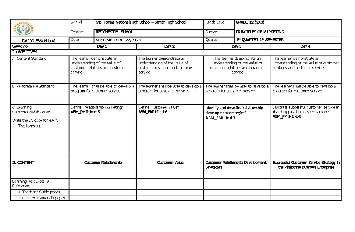 Principles OF Marketing Week 4 - School Sto. Tomas National High School ...