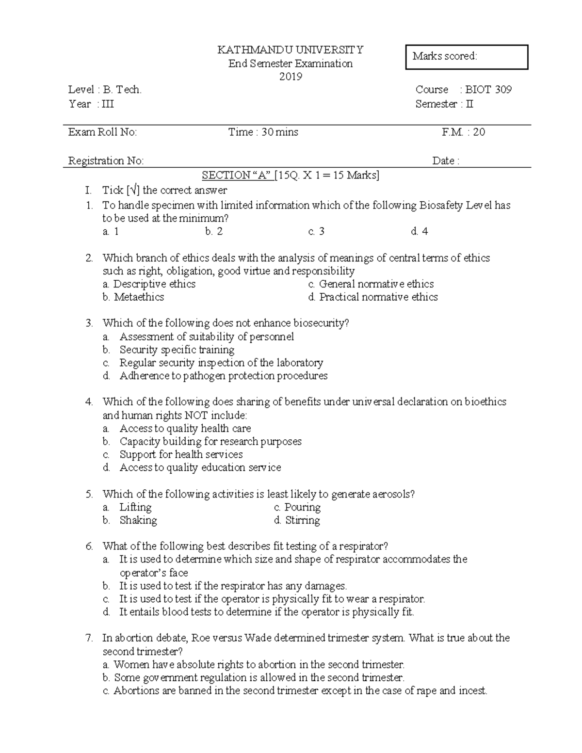 2019 - Questions - KATHMANDU UNIVERSITY End Semester Examination 2019 ...