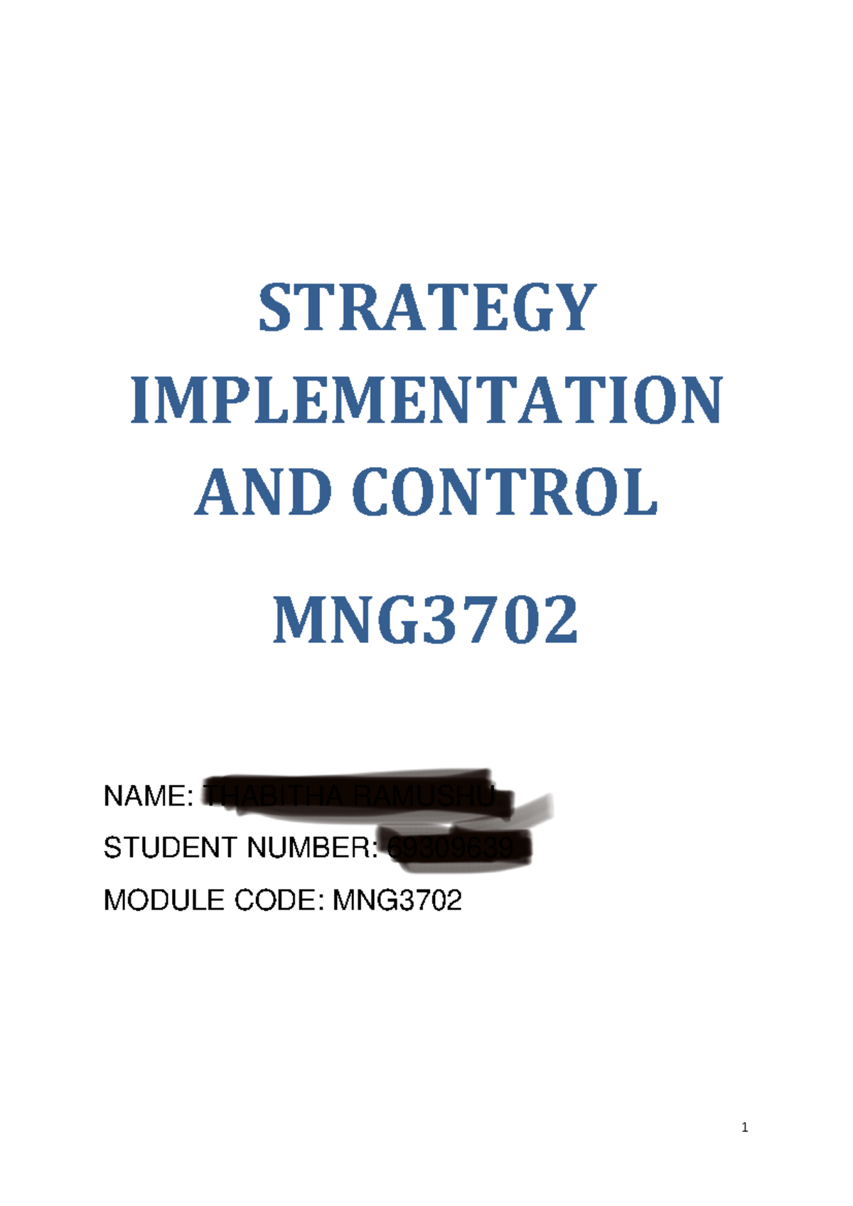 MNG3702 - Assignment - STRATEGY IMPLEMENTATION AND CONTROL MNG NAME ...
