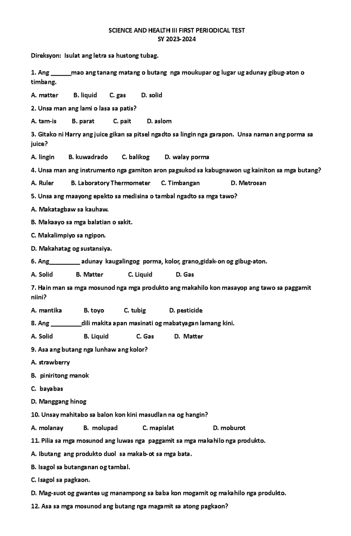 PT Science 3 Q1 - more on on practicum - SCIENCE AND HEALTH III FIRST ...