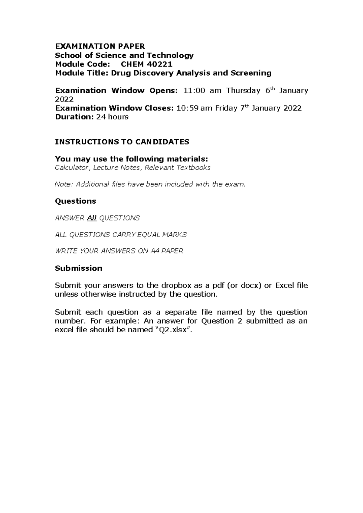 Past Paper CHEM40221 2021 22 - EXAMINATION PAPER School of Science and ...